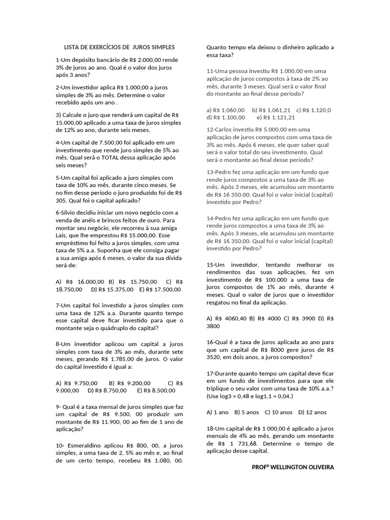 Lista de Exercícios de Juros Simples | PDF | Juros | Investimentos