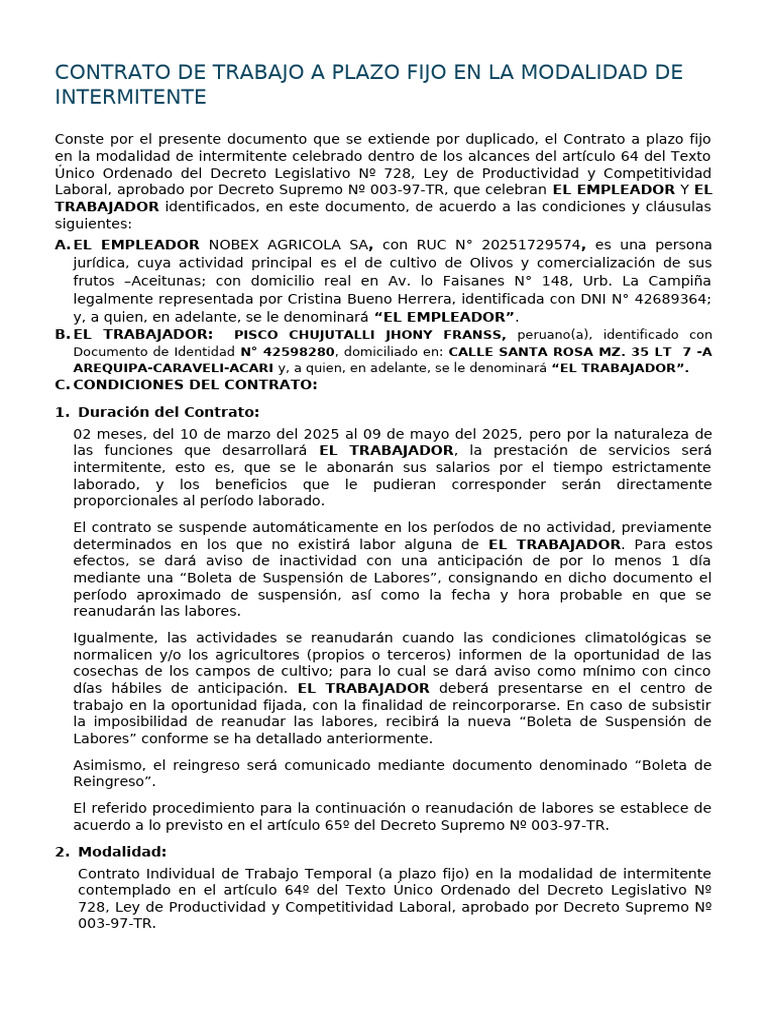 CONTRATO DE TRABAJO A PLAZO FIJO EN LA MODALIDAD DE INTERMITENTE FINAL | PDF | Derecho laboral ...