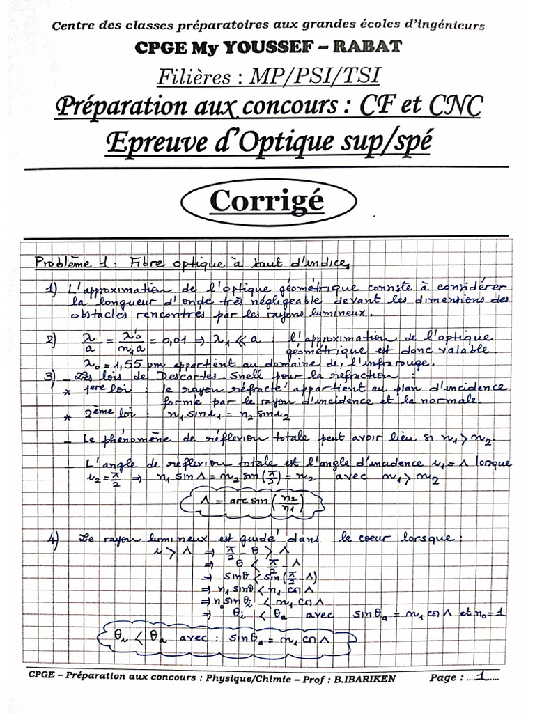 Epreuve Optique Sup-Spé CF Et CNC 2024 Corrigé | PDF