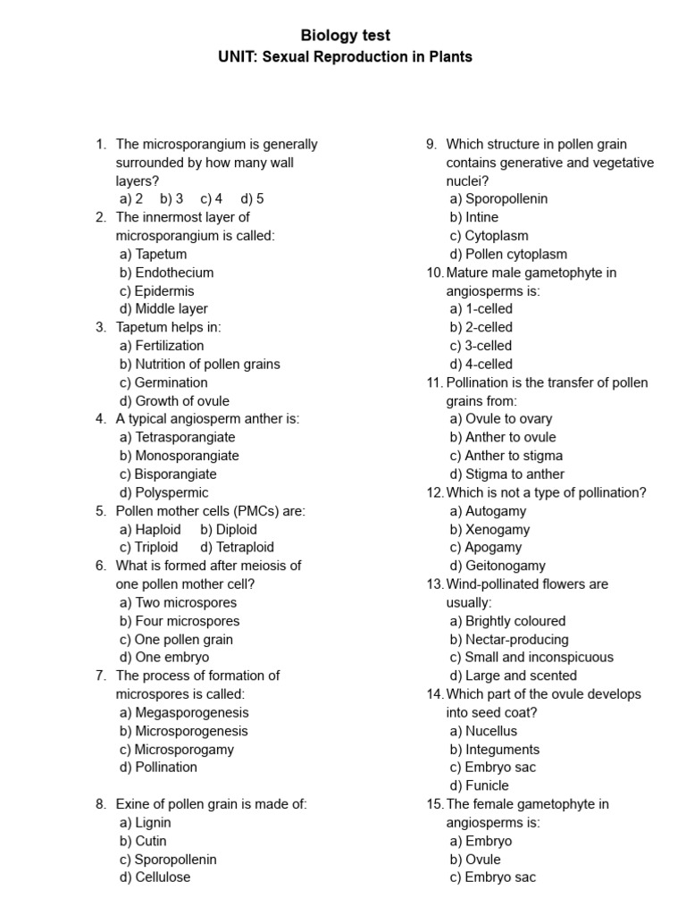 Biology Test UNIT - Sexual Reproduction in Plants | PDF | Plant ...