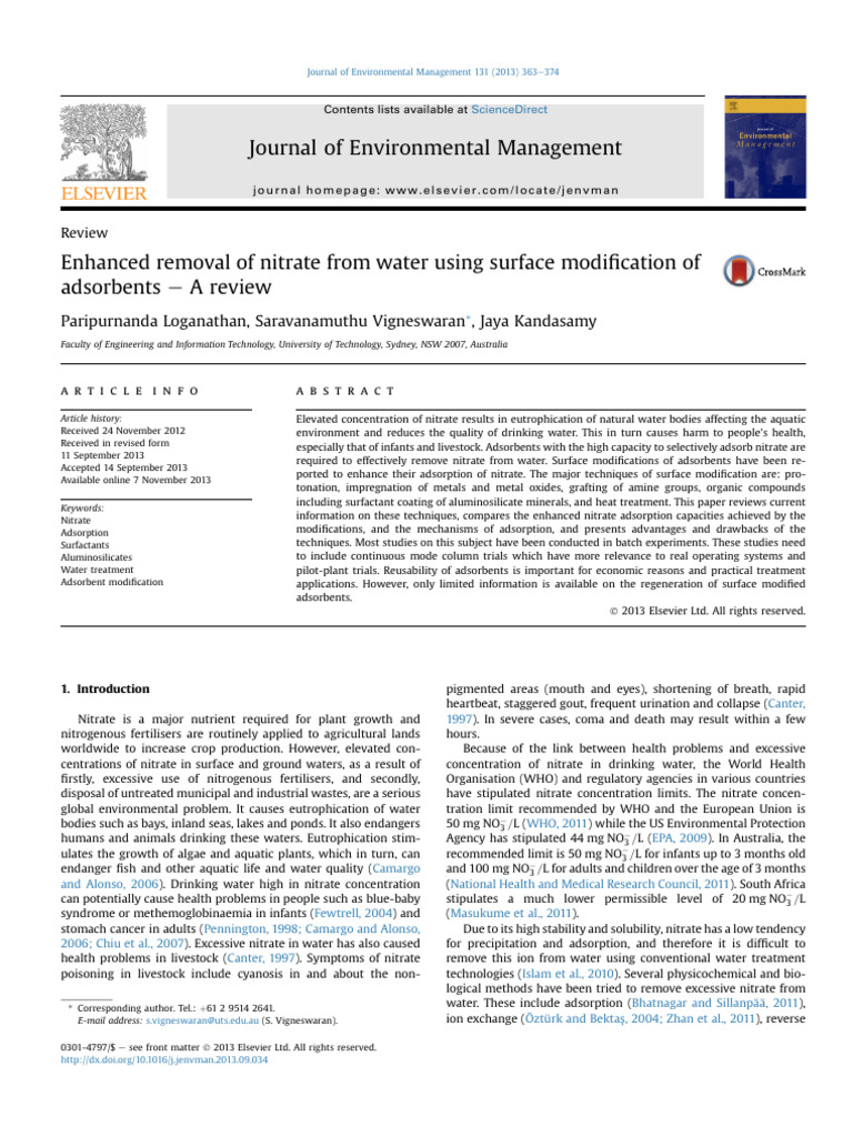 Enhanced removal of nitrate from water using surface modification ...