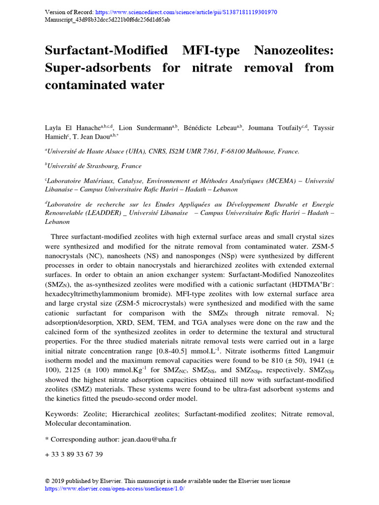 Surfactant-modified MFI-type nanozeolites_ Super-adsorbents for nitrate ...