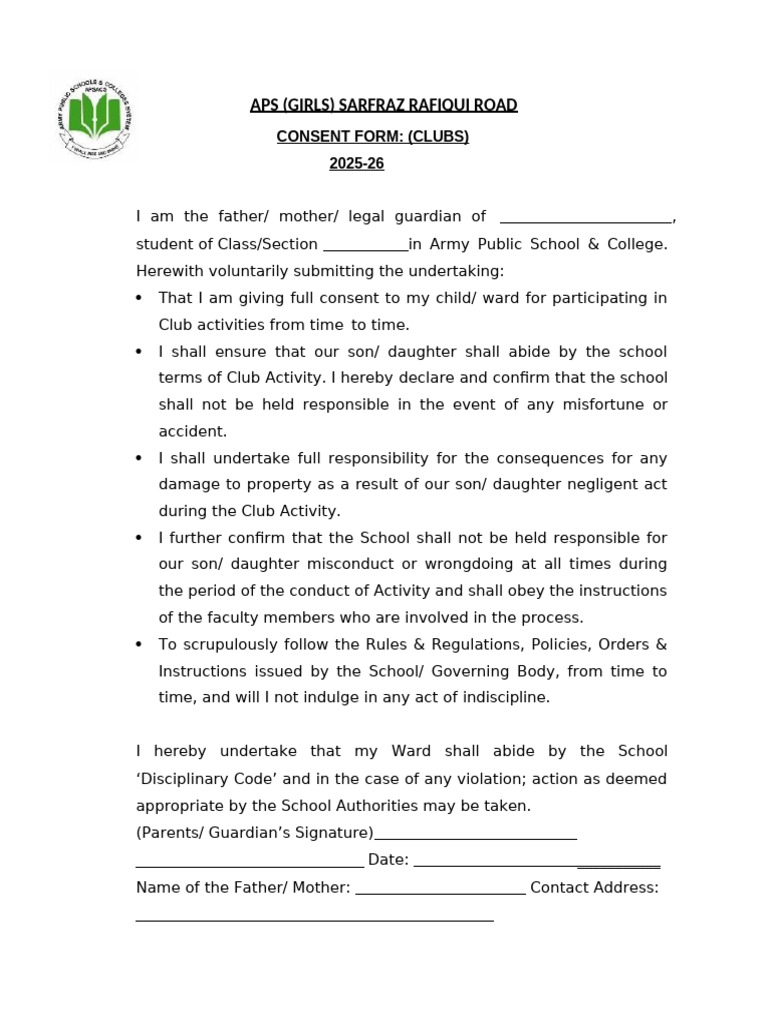 APS Girls Club Consent Form 2025-26 | PDF