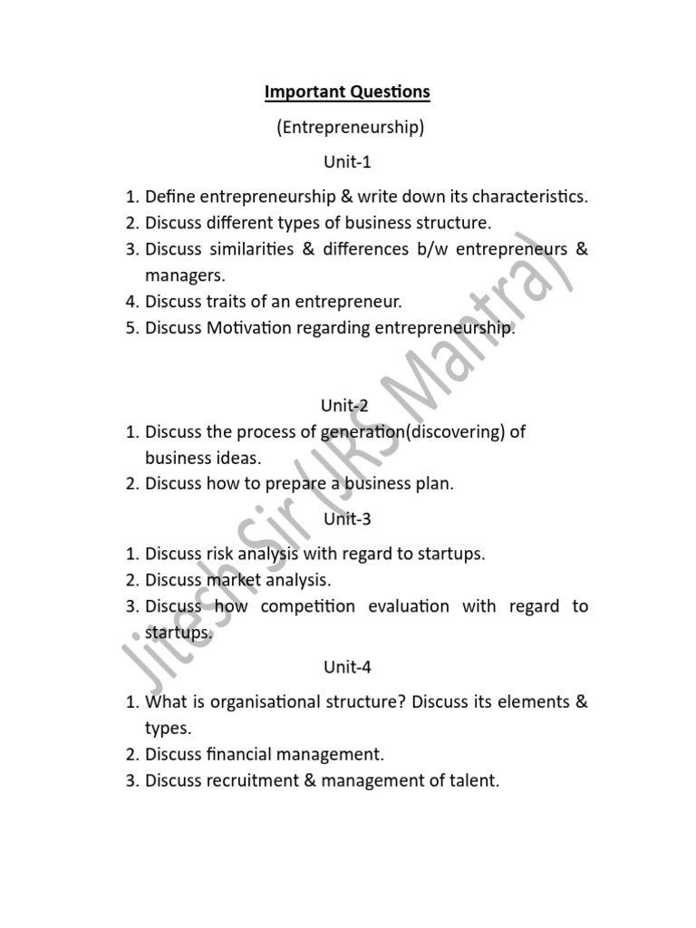 Important Questions Entrepreneurship | PDF