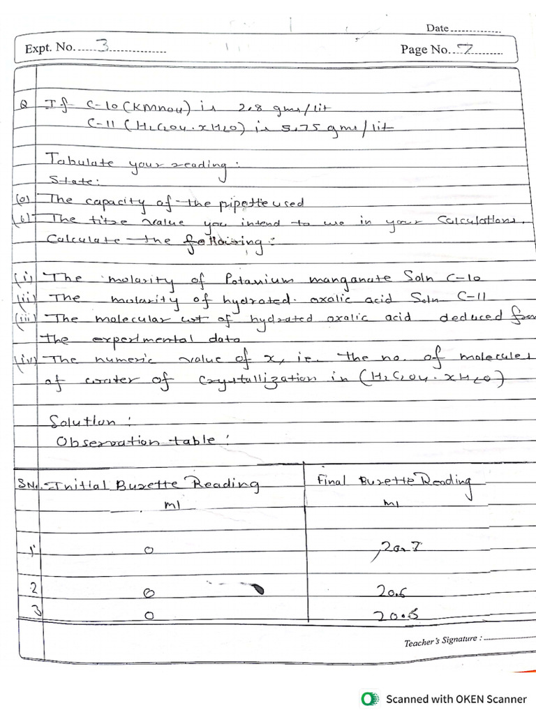Tiration Kmno4 With Oxalic Acid Ex3&4 | PDF