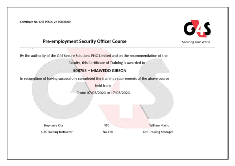 G4S PESOC CERTIFICATE | PDF