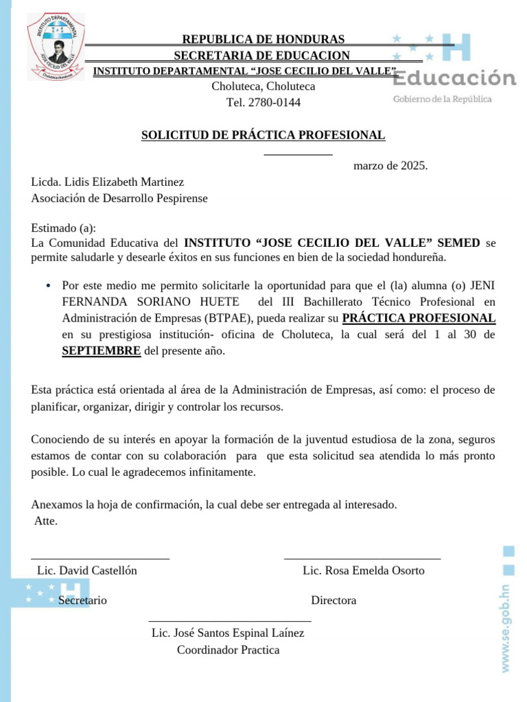 Formato Solicitud de Practica SEMED | PDF | Honduras