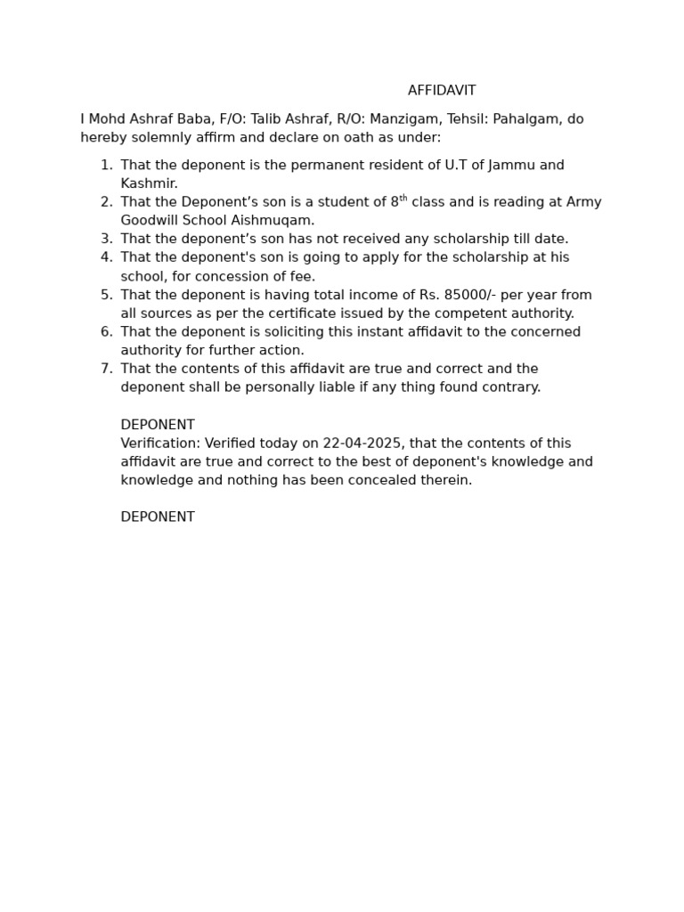Scholarship Affidavit for Fee Concession | PDF