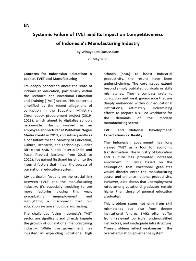 Systemic Failure of TVET and Its Impact On Competitiveness of Indonesia ...