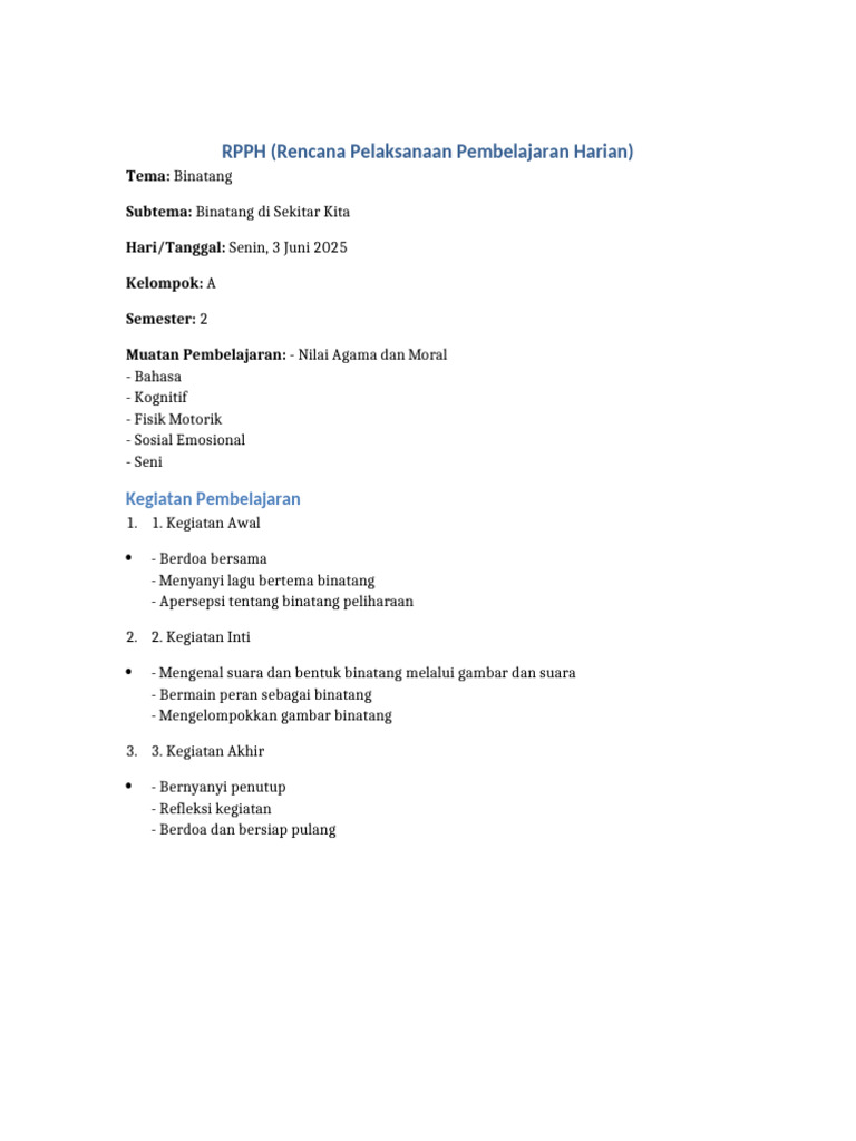 RPPH TK Tema Binatang | PDF