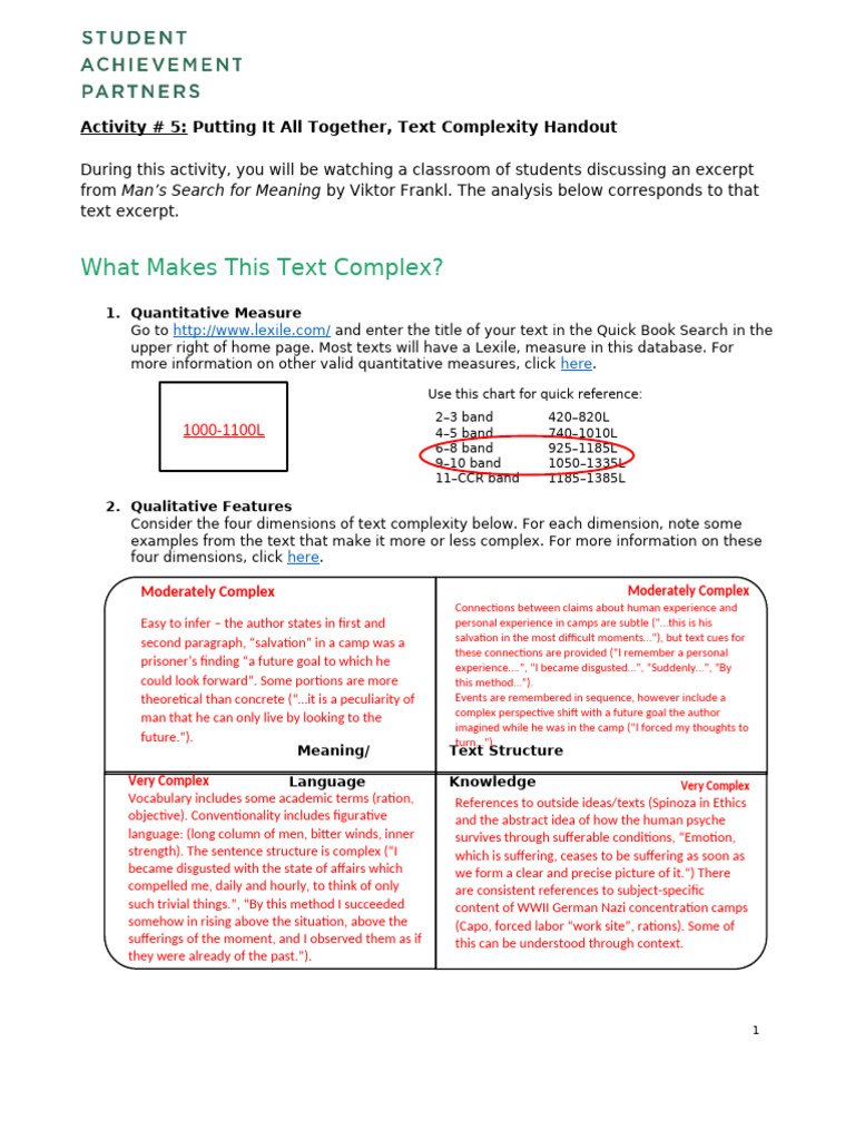 Putting It All Together, Text Complexity Handout (For Participants ...