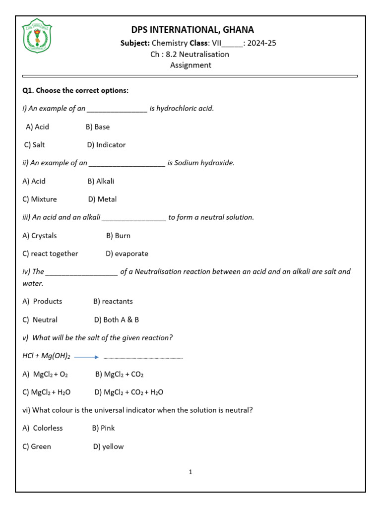 Chemistry VII Neutralisation Assignment | PDF | Chemical Elements ...