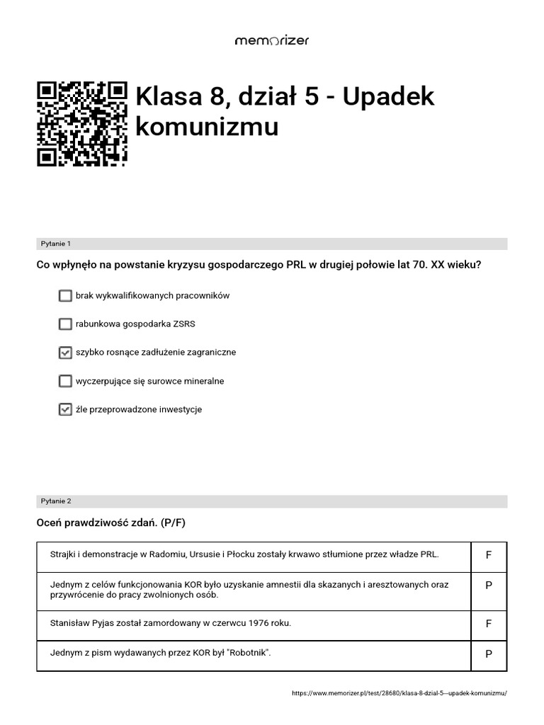 Klasa 8, Dział 5 - Upadek Komunizmu - WYPEŁNIONY | PDF