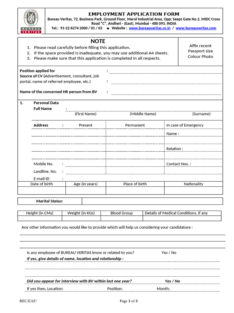Employment Application Form | PDF