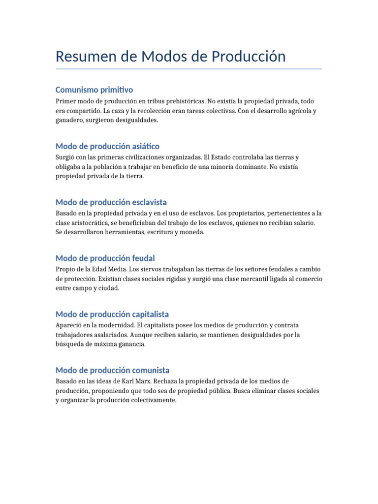 Resumen Modos de Produccion | PDF