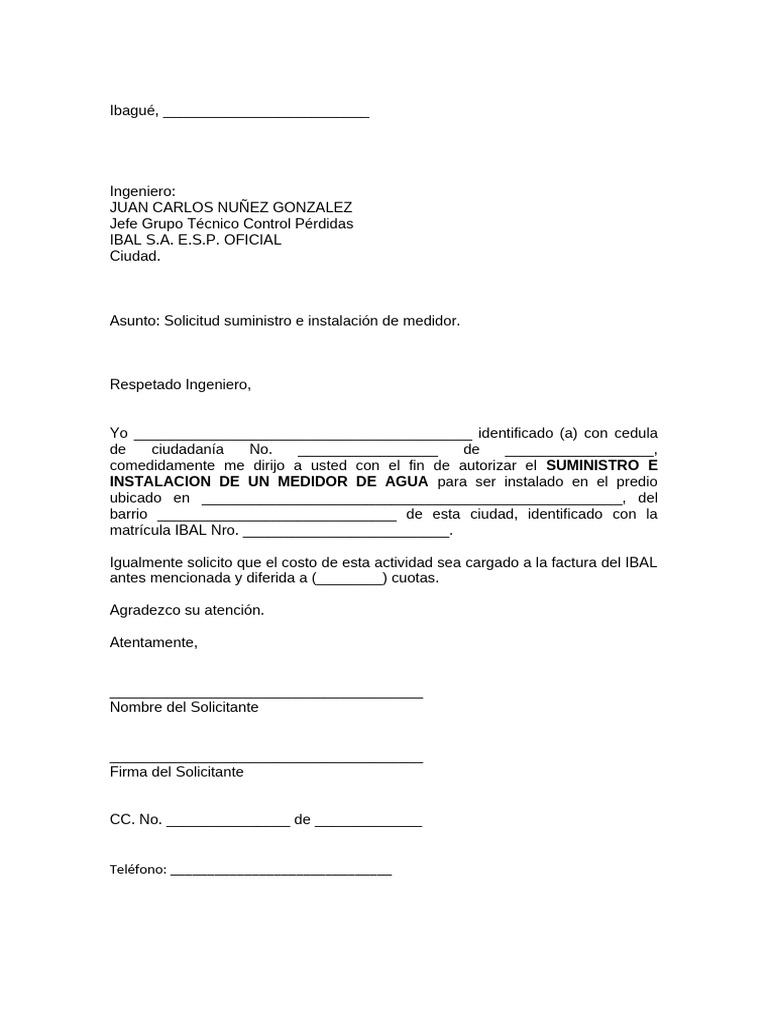 Carta de La Solicitud Suministro e Instalacion de Medidor | PDF