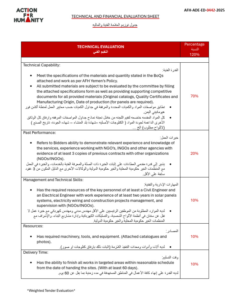 Technical and Financial Evaluation Sheet | PDF