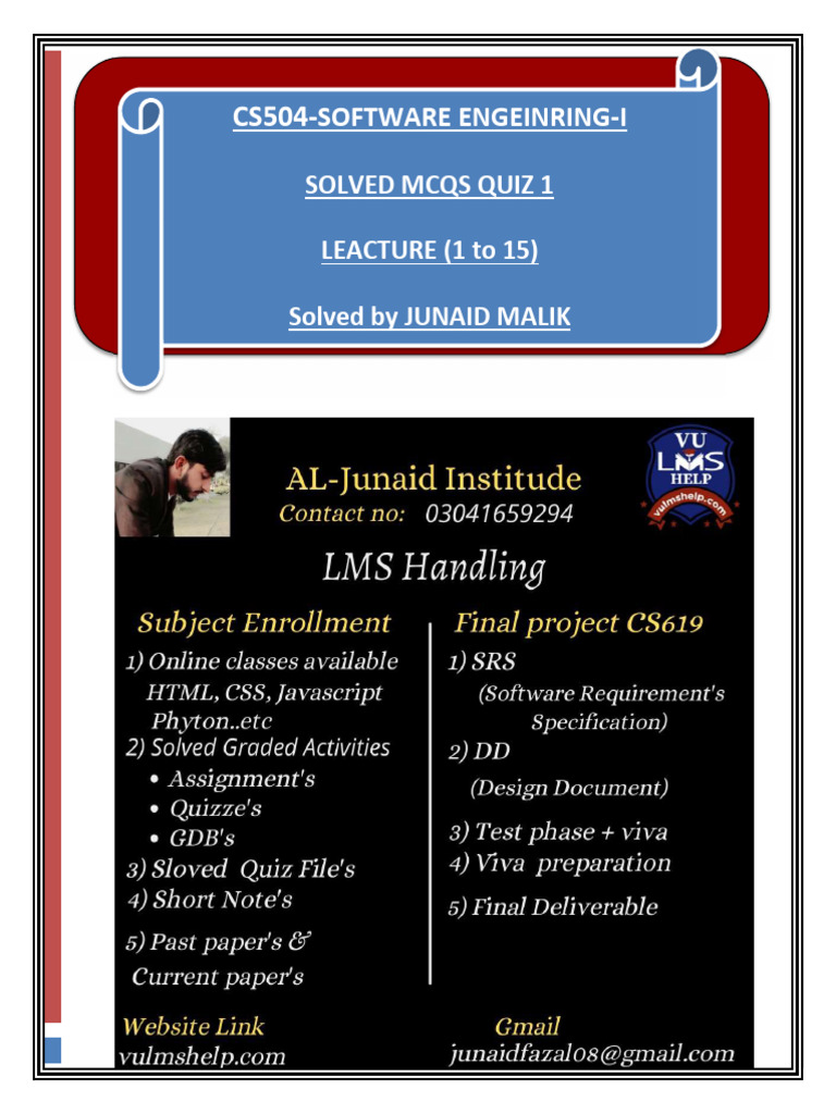CS504 Quiz 1 (1 to 15) BY JUNAID | PDF | Class (Computer Programming) | Use Case