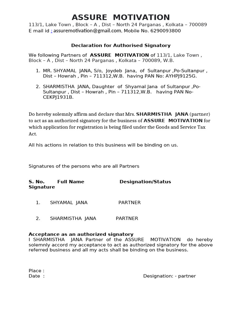 Partnership Firm Declaration For Authorised Signatory | PDF