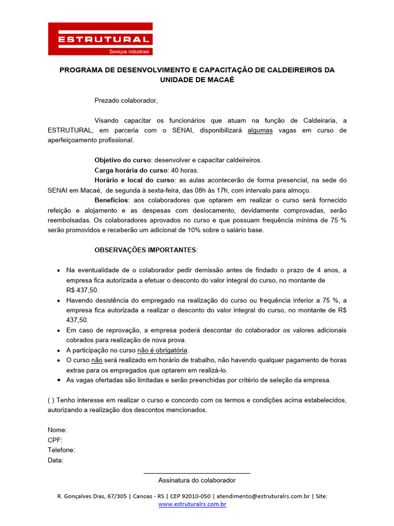 TERMO - PROGRAMA DE DESENVOLVIMENTO E CAPACITAÃ_Ã_O DE CALDEIREIROS DA UNIDADE DE MACAÃ_ | PDF