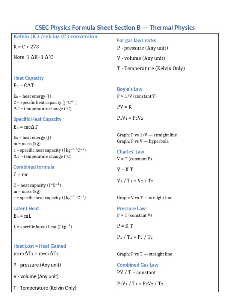 Formula Sheet Section B - Thermal Physics | PDF | Heat Capacity | Temperature