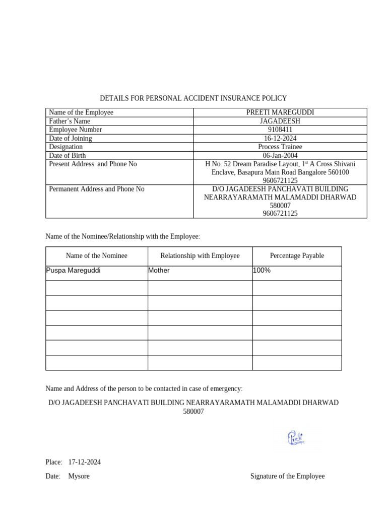 Personal Accident Insurance - Preeti | PDF