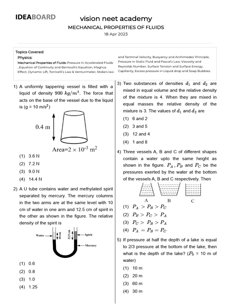 Mechanical Properties of Fluids | PDF | Buoyancy | Pressure