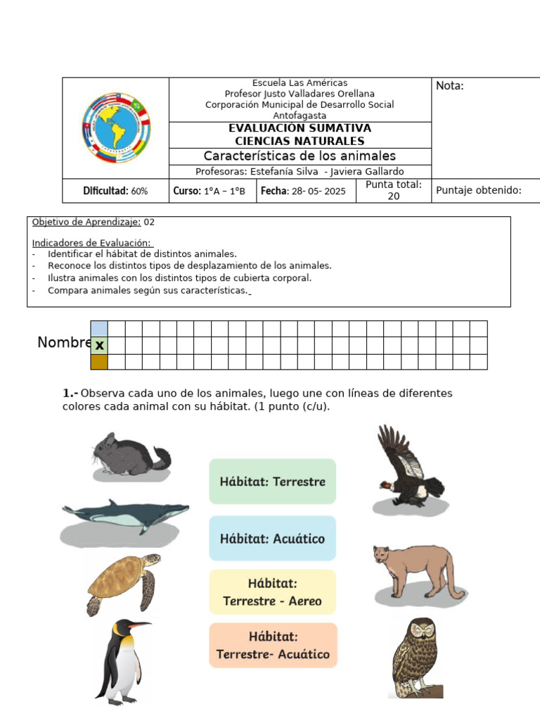 Prueba de Ciencias - Caracteristicas de Los Animales | PDF | Zoología