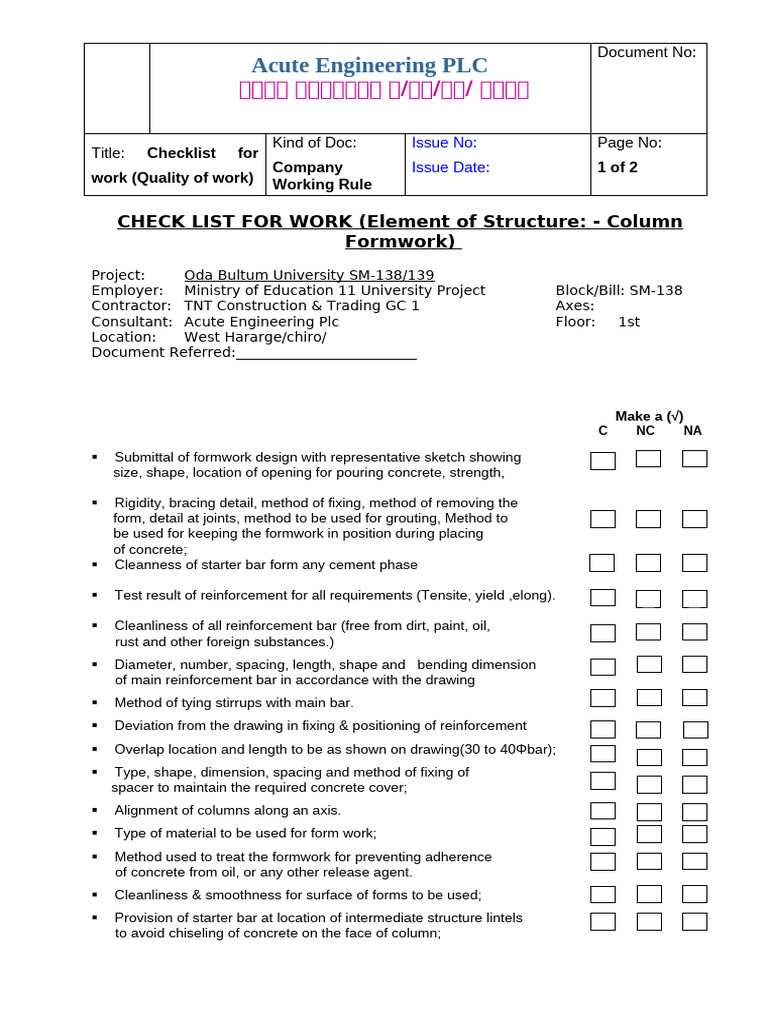 12.0 Element of Structure - Column or Grade Beam Formwork | PDF ...
