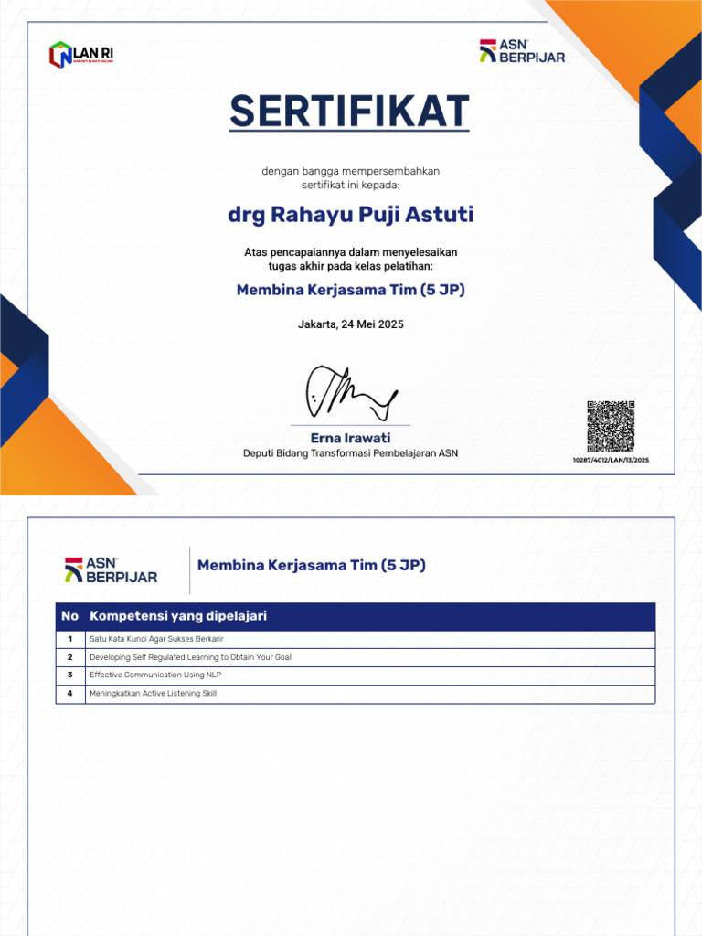 Sertifikat_kelas Membina Kerjasama Tim (5 JP)_drg Rahayu Puji Astuti | PDF