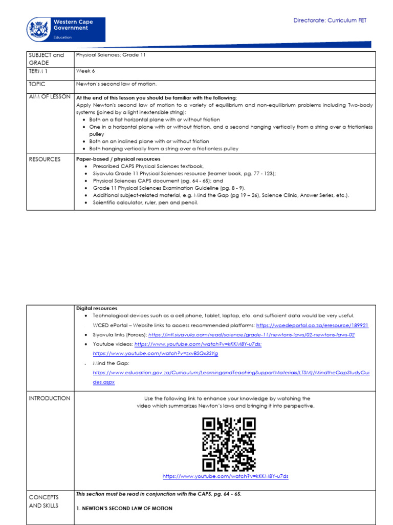 Physical Sciences Grade 11 Term 1 Week 6 - 2021 | PDF | Force | Friction