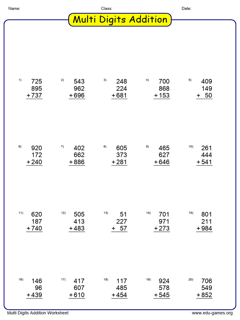 Multi-Digit Addition Practice Sheet | PDF