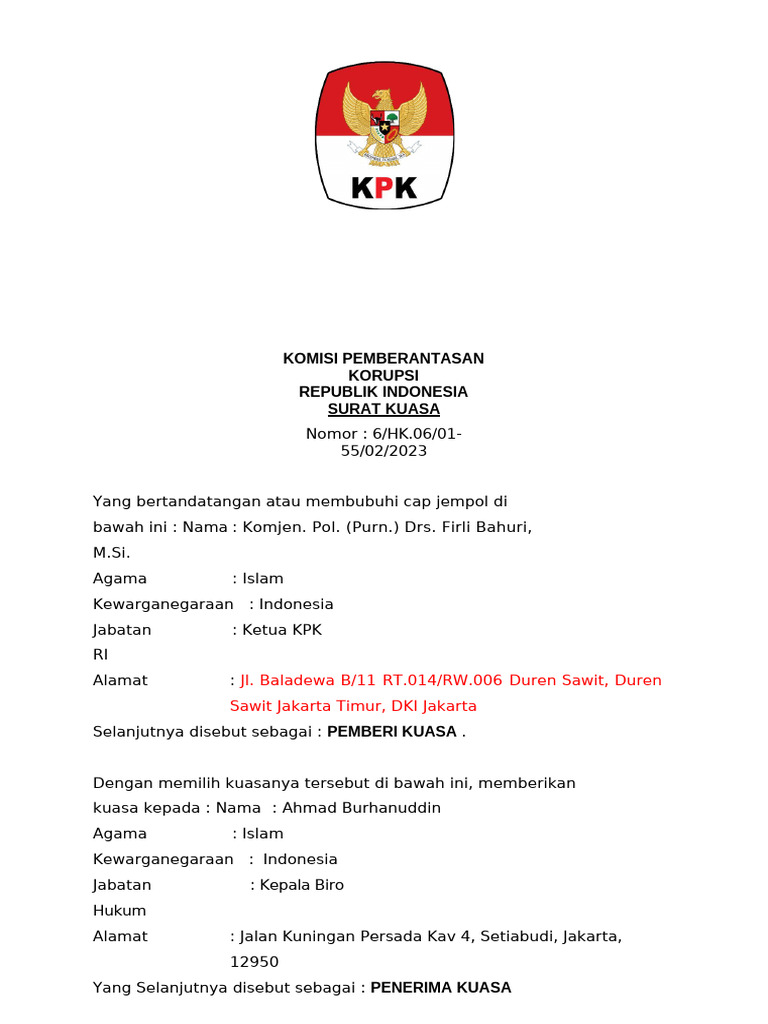 Surat Kuasa KPK untuk Pengujian UU | PDF