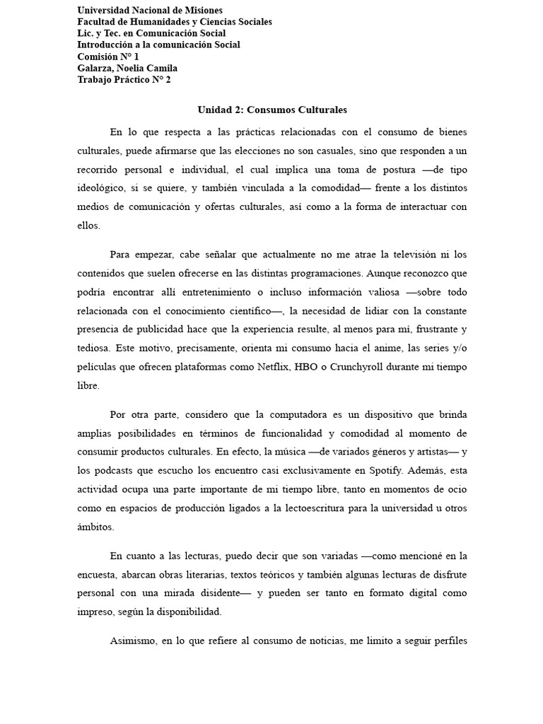 GALARZA, Camila. Comisión 1. TP2 Intro A La Comunicación | PDF