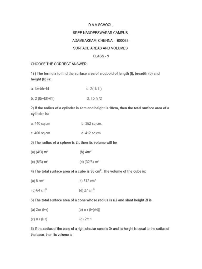 Class 9 Surface Areas and Volumes Assignment 1735187843 | PDF | Sphere | Area