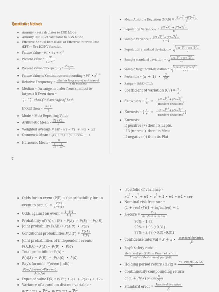 InvestQuest Free CFA Level 1 Formula Sheet 1737920951 | PDF | Errors And Residuals | Revenue
