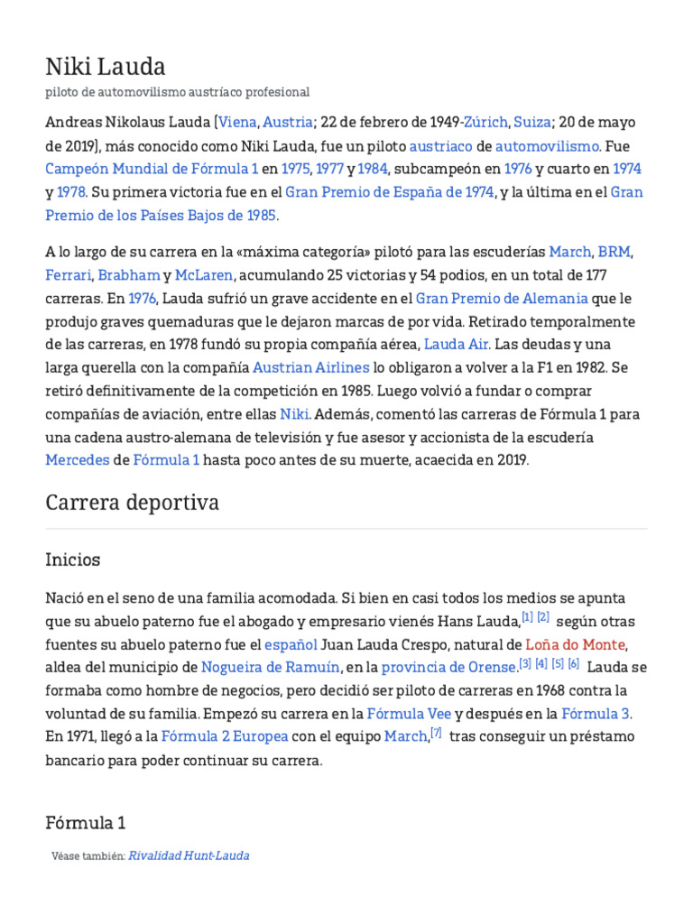 Niki Lauda - Wikipedia, La Enciclopedia Libre | PDF | Carrera de autos | Competiciones de ...