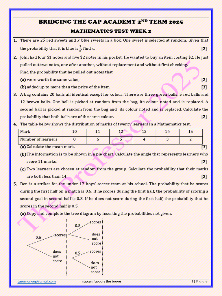 Mathematics Test 2 Bridging The Gap Academy 2nd Term 2025 Questions ...
