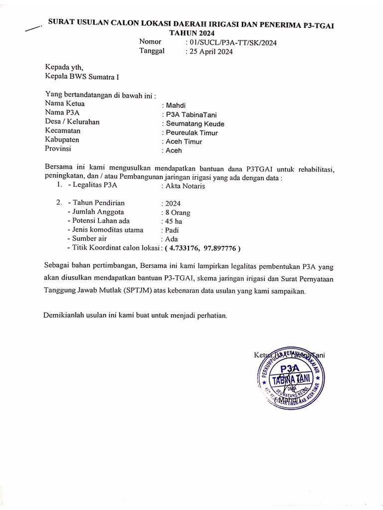 Usulan Lokasi P3A Tabina Tani (Seumatang Keude) | PDF