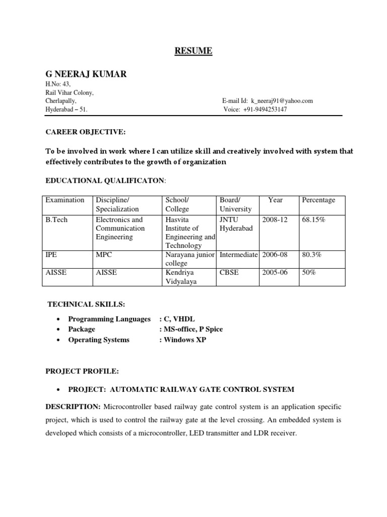 Resume G Neeraj Kumar: H.No: 43, Rail Vihar Colony, Hyderabad - 51 ...