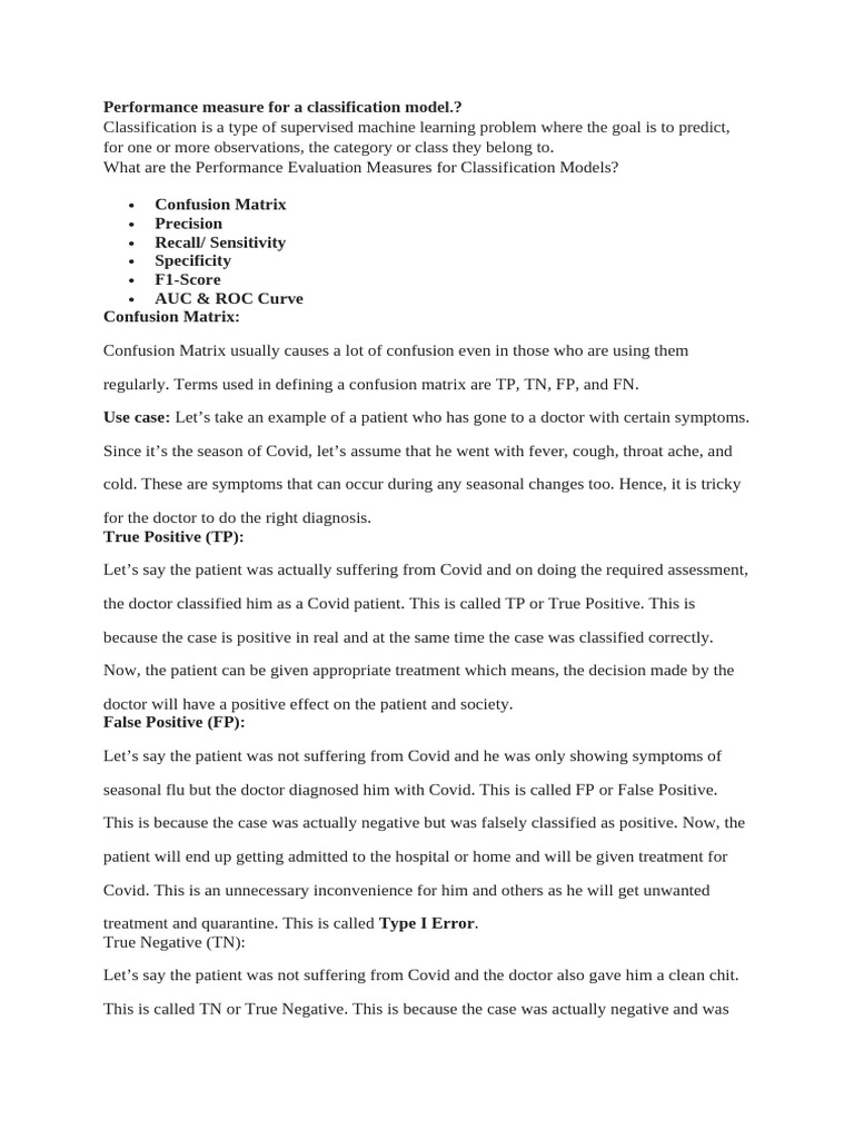 Performance Measure For A Classification Model. | PDF | Sensitivity And ...