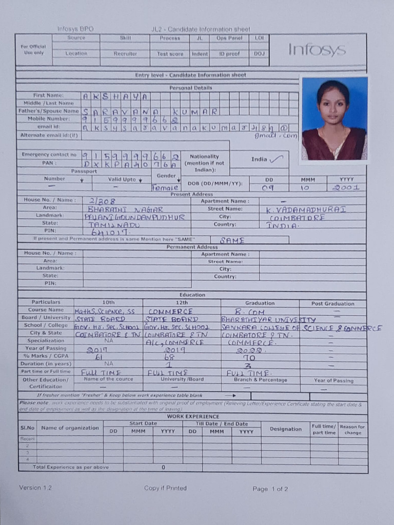 Infosys Application Form | PDF