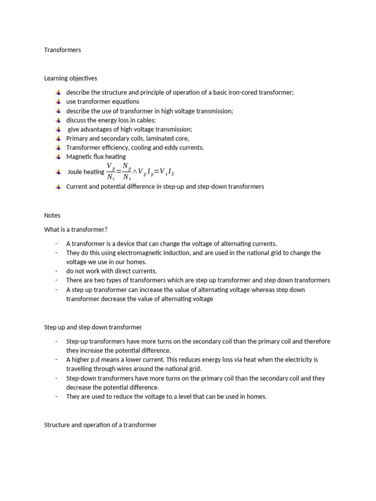 Transformers Physics Revision Notes Good | PDF | Transformer | Inductor