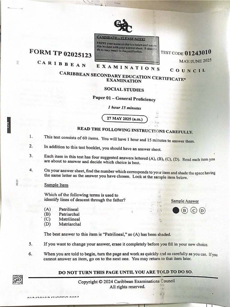 CSEC Social Studies P1 2025 | PDF