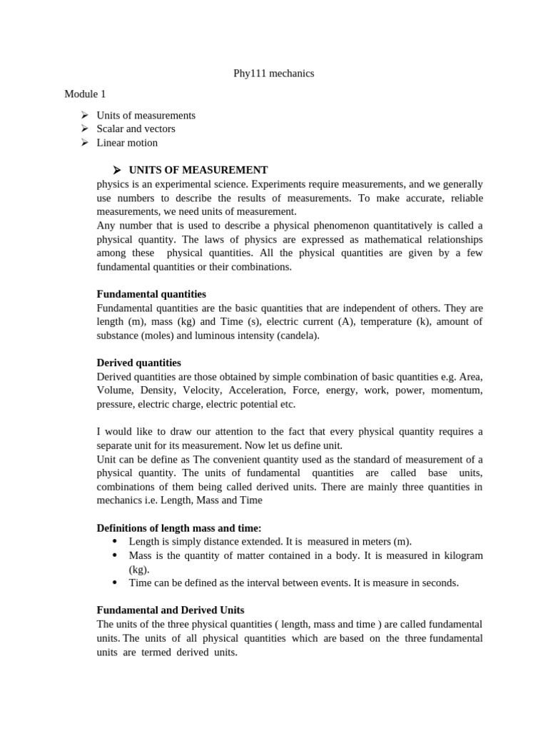 Lesson Note On Phy111 Mechanics | PDF | Quantity | Measurement