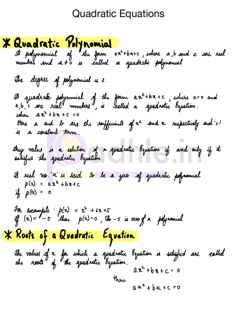 Class 10 Quadratic Equation Notes | PDF | Quadratic Equation | Polynomial