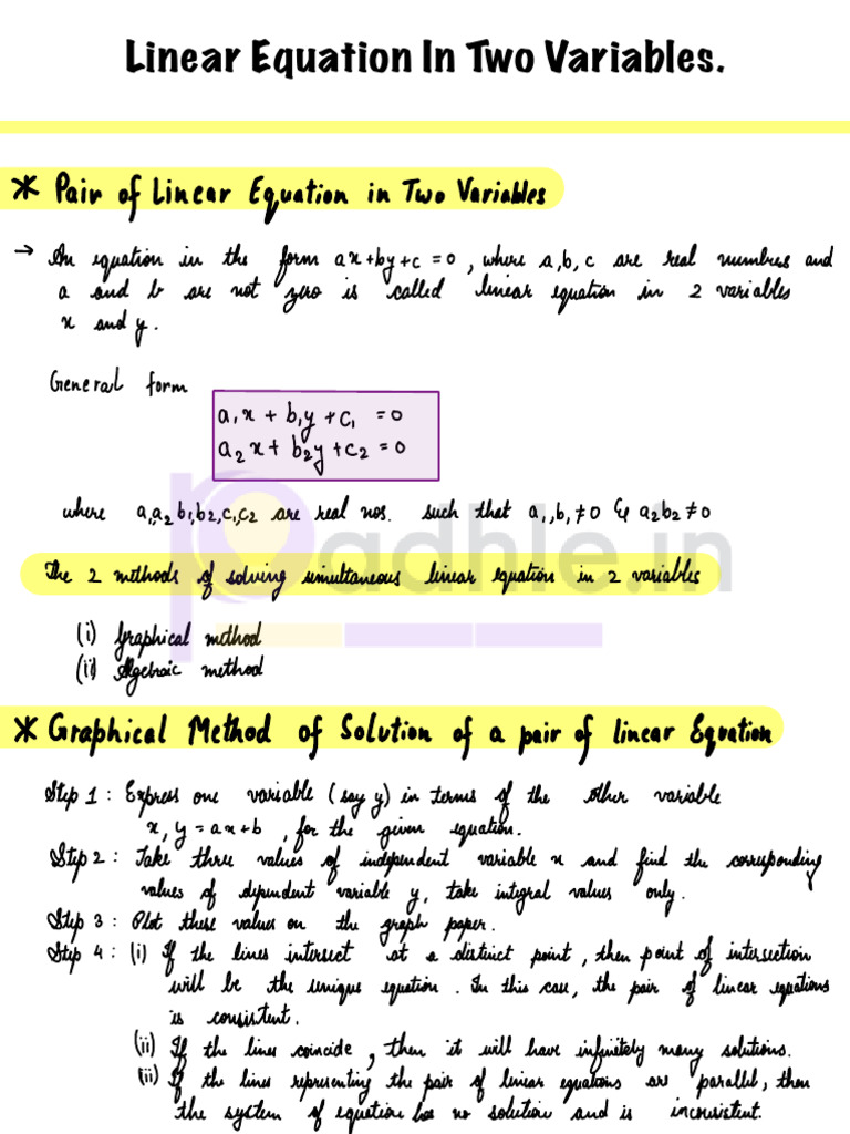 Class 10 Linear Equations Notes | PDF | Equations | Algebra
