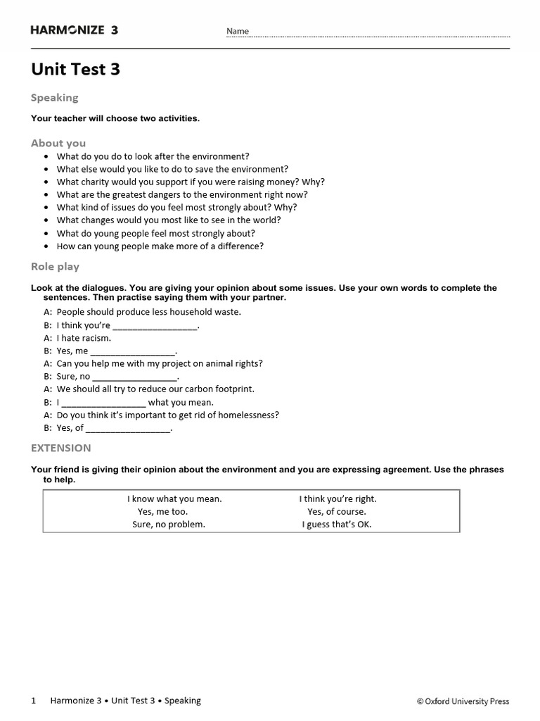 Harmonize 3 Unit 3 Test Speaking | PDF