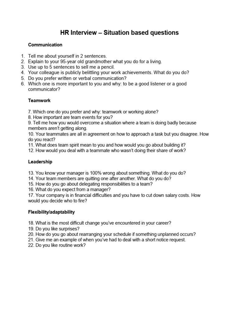 HR Interviews - Situation Based Questions | PDF | Decision Making ...
