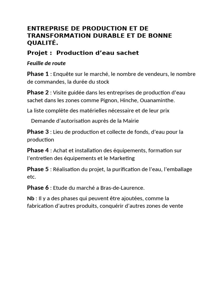 Projet de Production d'Eau en Sachet | PDF